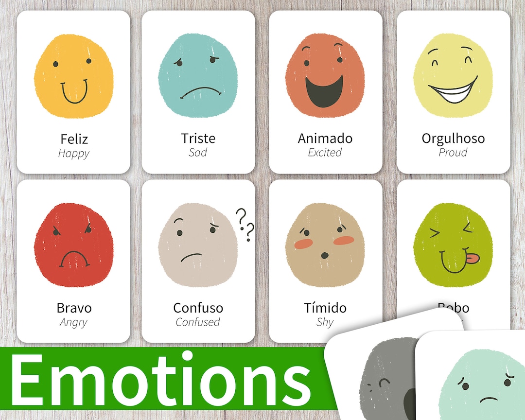 12 Portuguese & English Emotions Flashcard Printable Brazil - Etsy