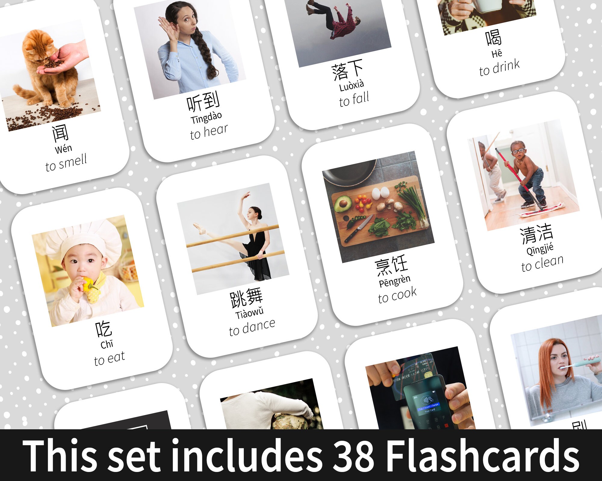 38 Mandarin & English Bilingual Verbs Flashcard Printable Learn ...