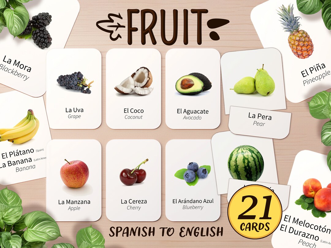 21 Spanish & English Bilingual Fruit Flashcard Printable | Preschool ...