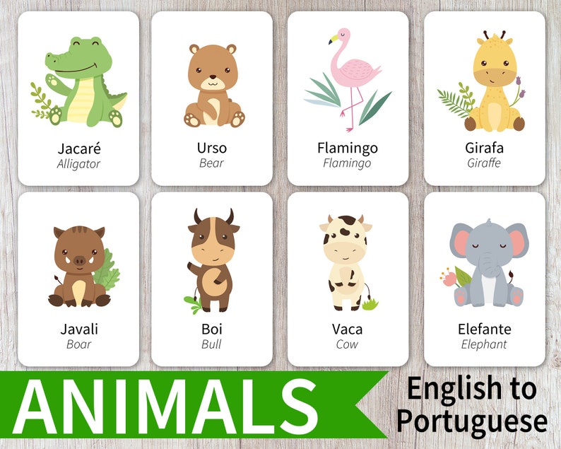 24 Portuguese & English Animals Flashcards Printable Brazil - Etsy