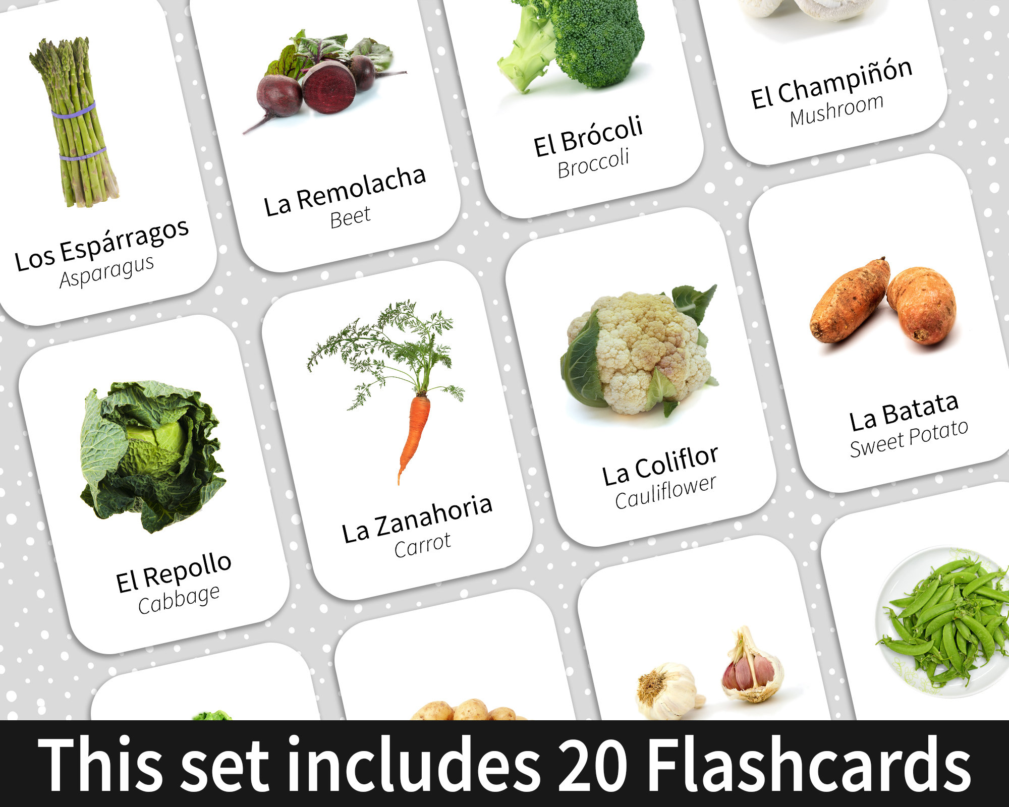 20 Spanish & English Bilingual Vegetables Flashcard Printable - Etsy