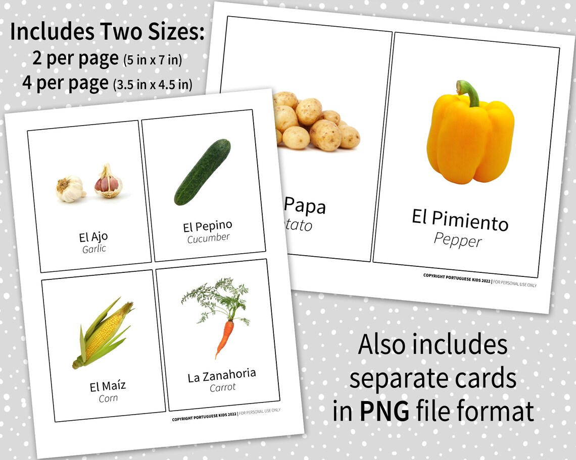 20 Spanish & English Bilingual Vegetables Flashcard Printable ...