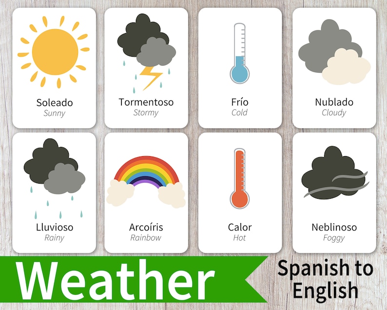 12 Spanish & English Weather Bilingual Flashcard Printable - Etsy