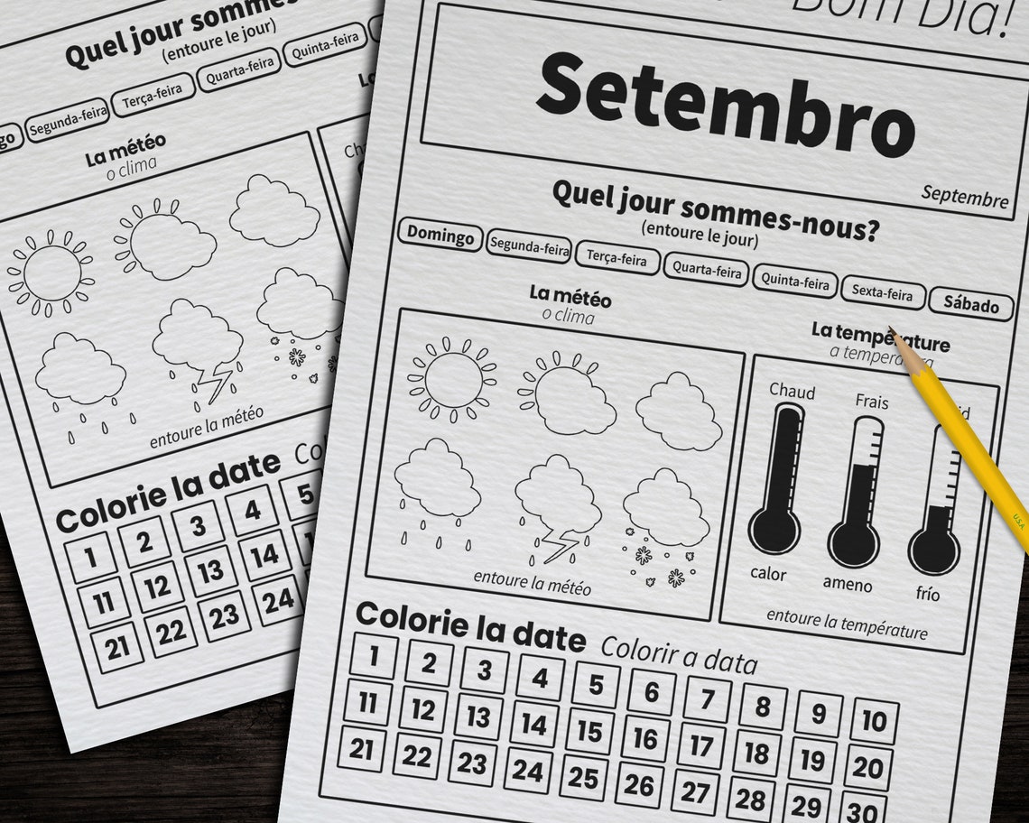 12 French & Portuguese Calendar Worksheets for Kids Printable French ...