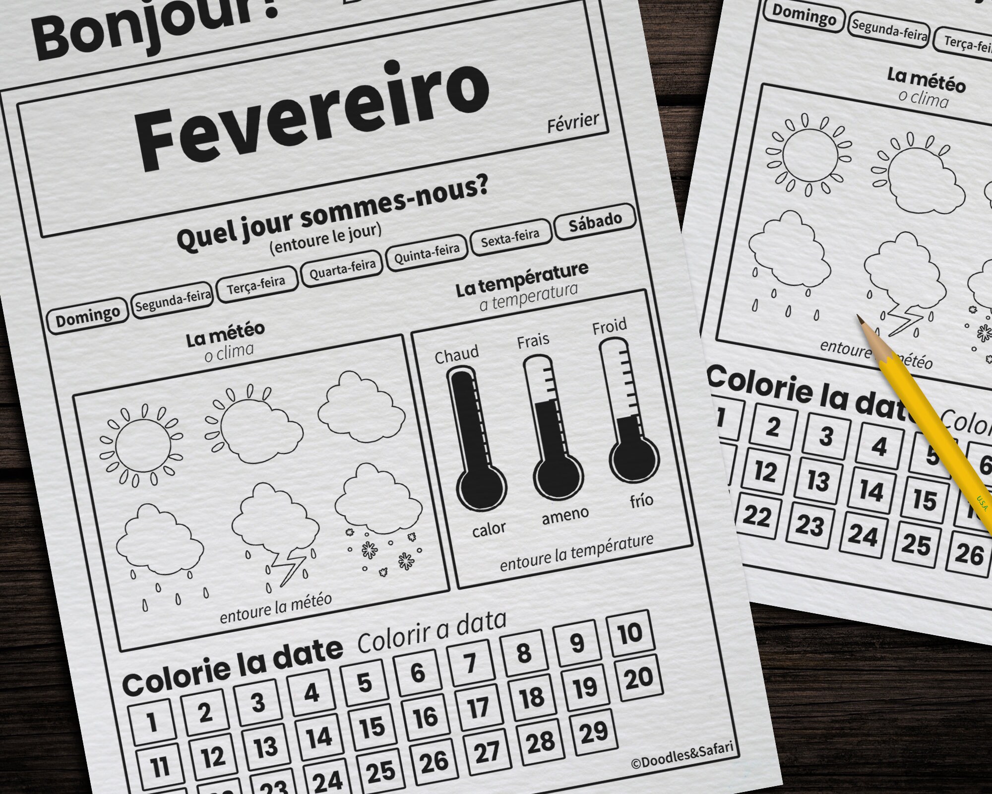 12 French & Portuguese Calendar Worksheets for Kids Printable French ...