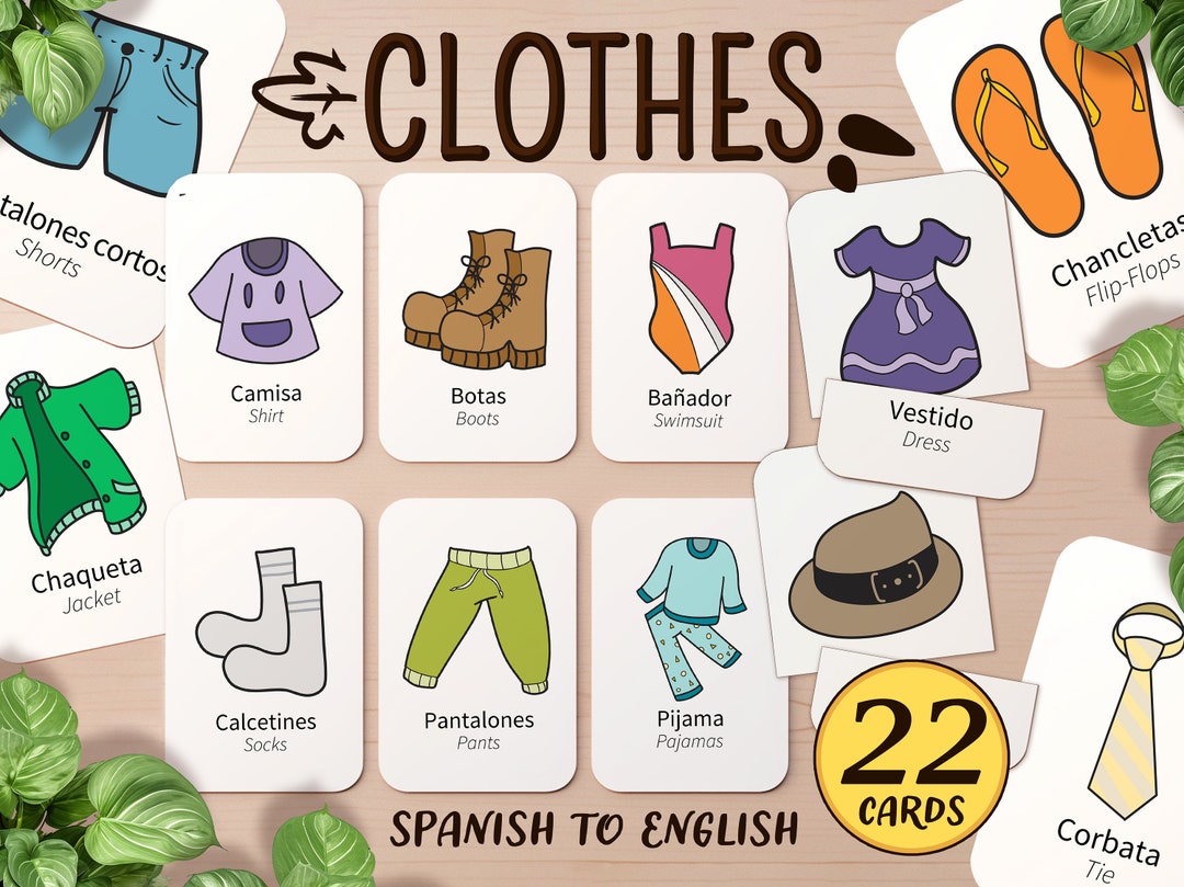 22 Spanish & English Bilingual Clothes Flashcard Printable Preschool ...