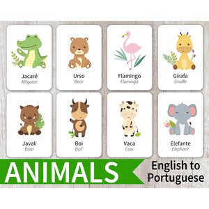 24 Portuguese & English Animals Flashcards Printable Brazil Child ...