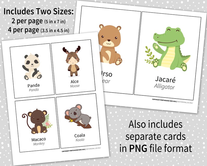 24 Portuguese & English Animals Flashcards Printable Brazil - Etsy