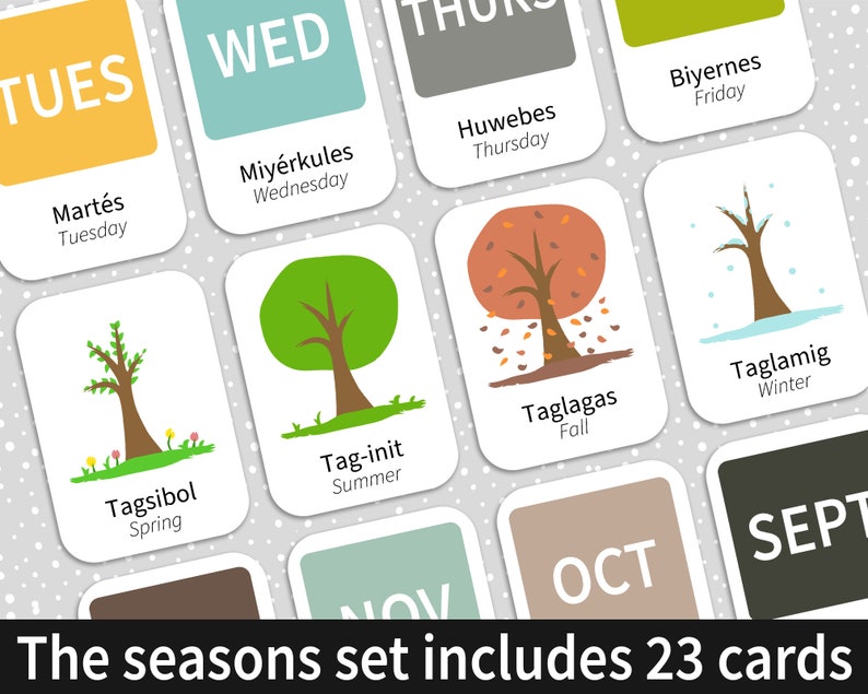 Filipino Basics Bundle Flashcards | Tagalog Numbers Day Month Seasons ...