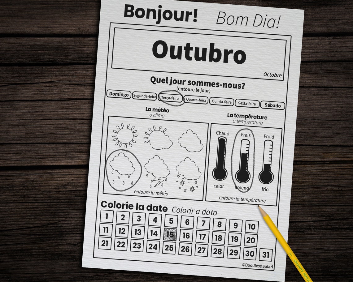 12 French & Portuguese Calendar Worksheets for Kids Printable French ...
