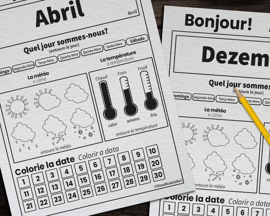 12 French & Portuguese Calendar Worksheets for Kids Printable French ...