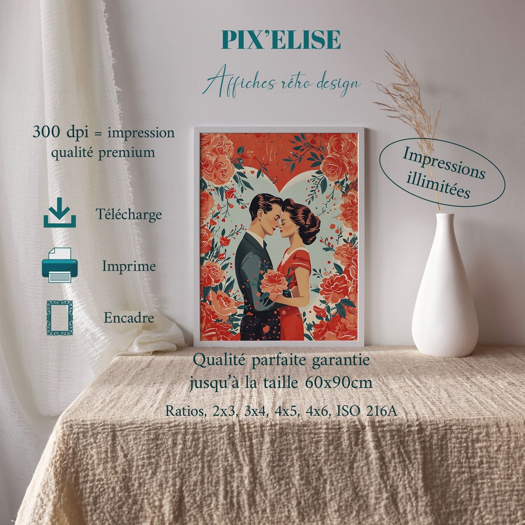 Romantic Retro Couple in Love Poster, Classic Floral Canvas Art ...