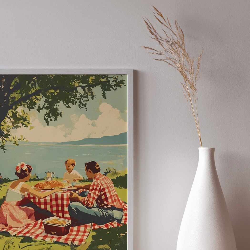 Retro Poster of a Family Enjoying a Picnic Under a Tree Overlooking the ...