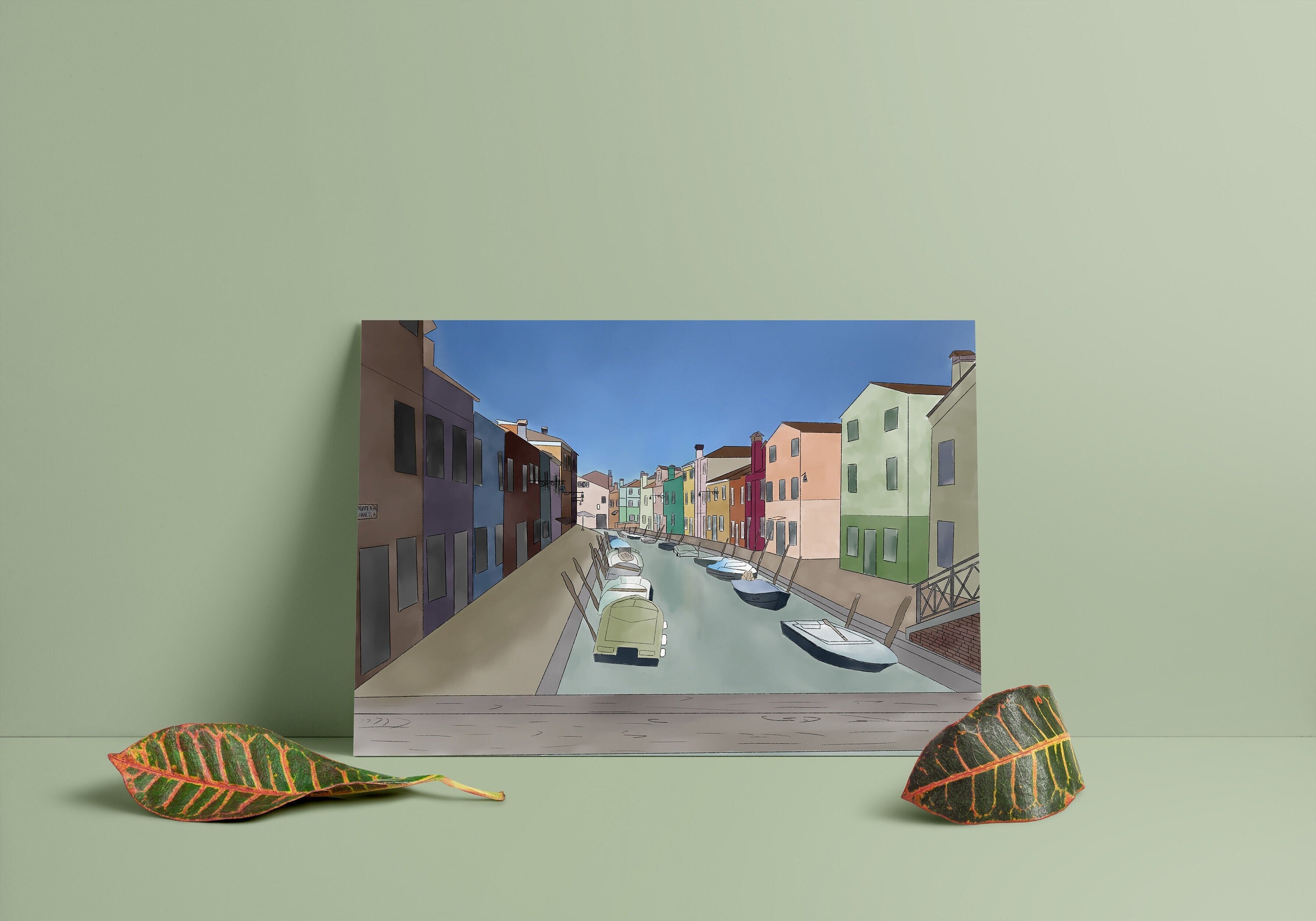 Italian City Poster Burano Italy Drawing Travel Theme - Etsy