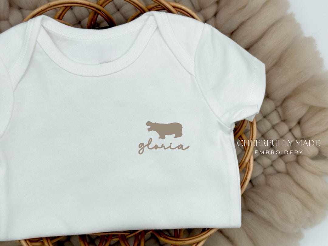 Embroidered Mini Hippo Baby Name Bodysuit, Left-chest Mini Animal With ...