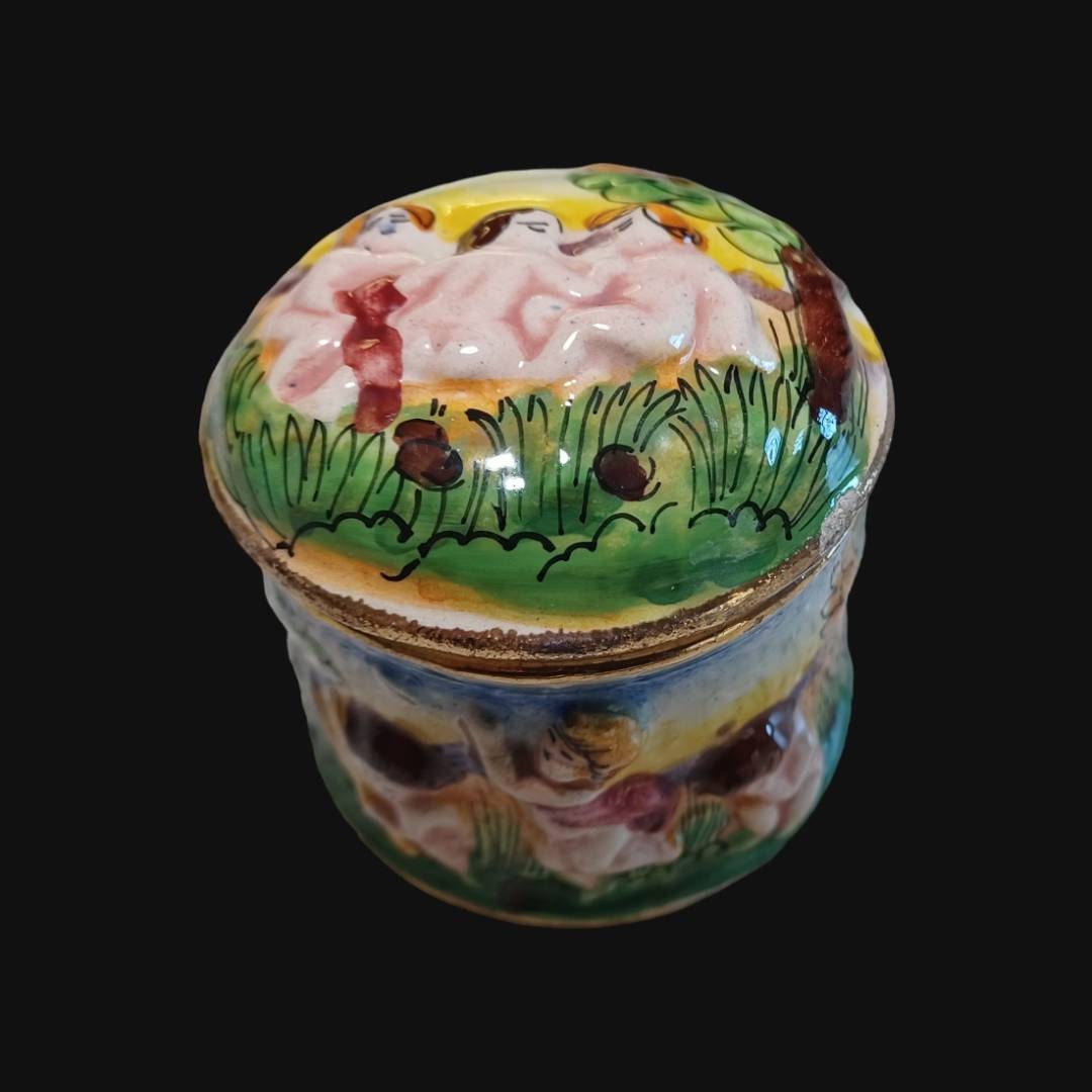 Capodimonte Trinket Box Round Handpainted Porcelain Cherubs Made in ...