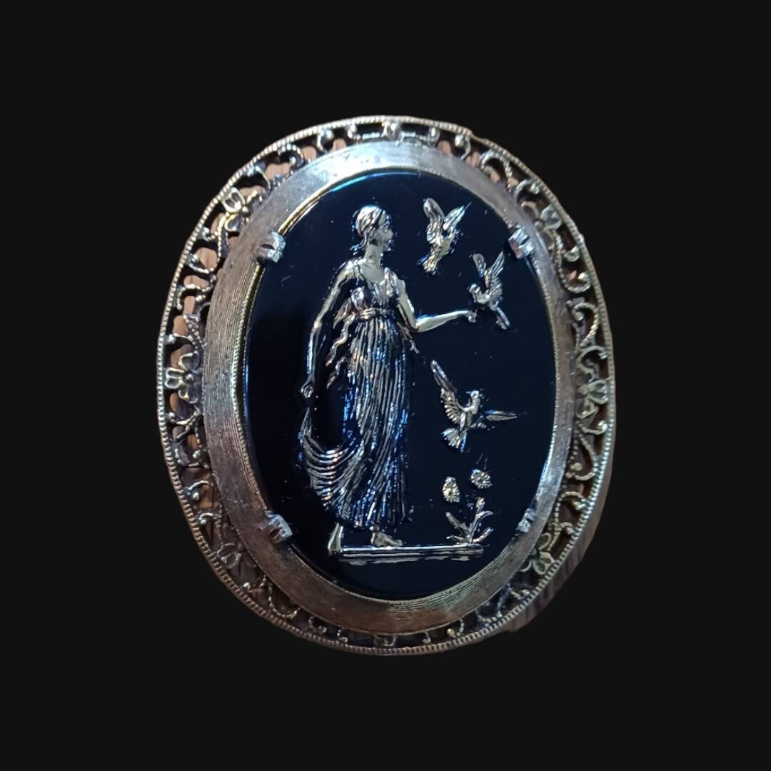 Vintage Mourning Jewelry Brooch Goldtone Filigree and Black - Etsy