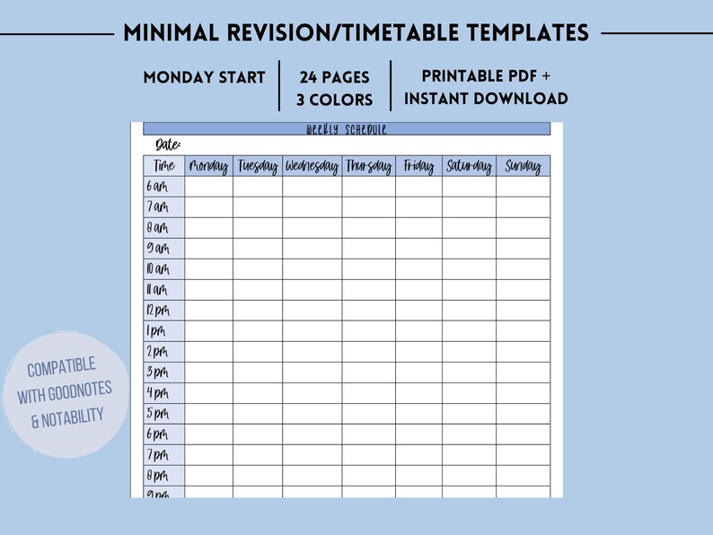 Weekly Minimal Revision/timetable Templates - Etsy