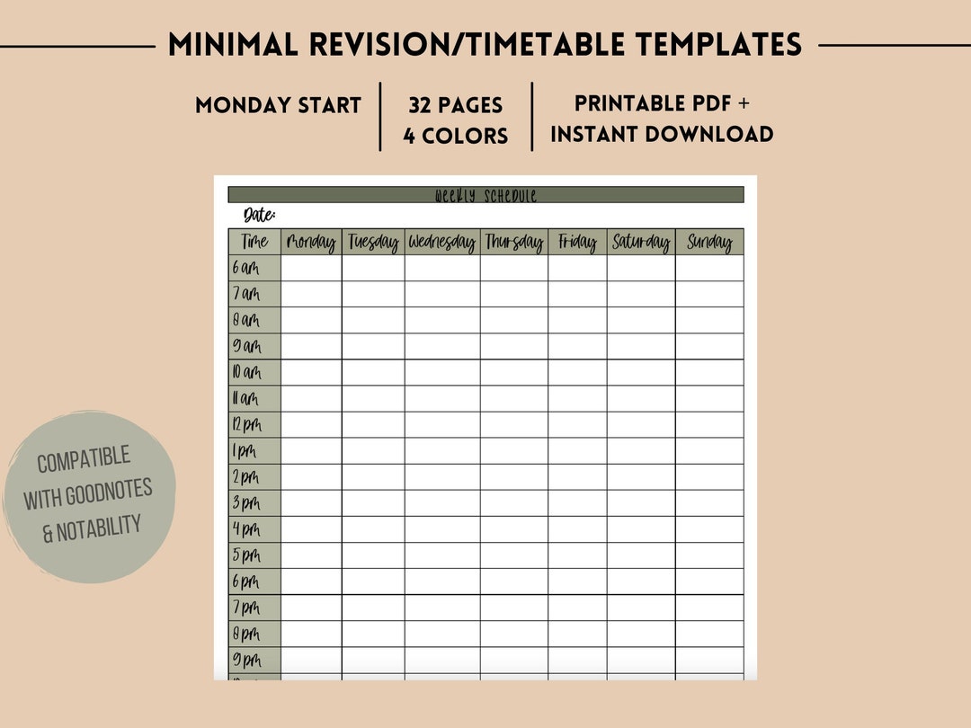 Weekly Minimal Revision/timetable Templates - Etsy UK