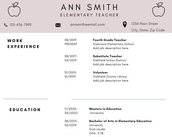 Teacher Resume Editable File in Canva Template - Etsy