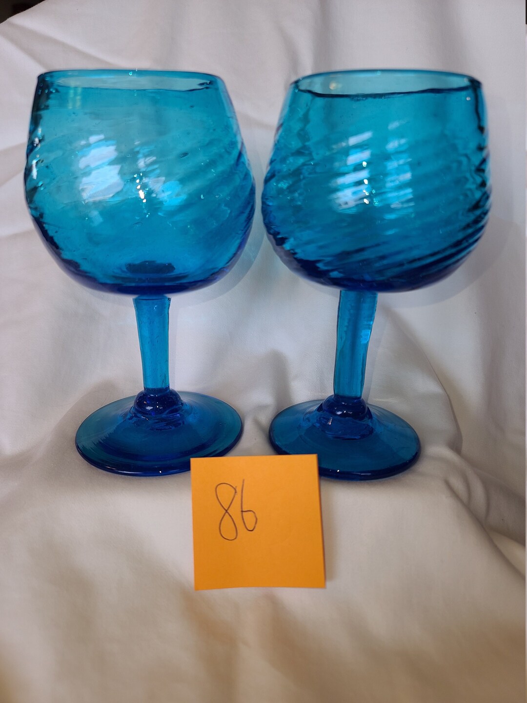 VINTAGE HAND-BLOWN Blue Wine Glasses' Set of 2 Vintage Art Glass Wine ...