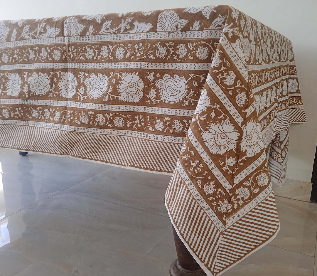 Brown Floral Tablecloth, Block Print Table Cover, Handmade Table Decor ...