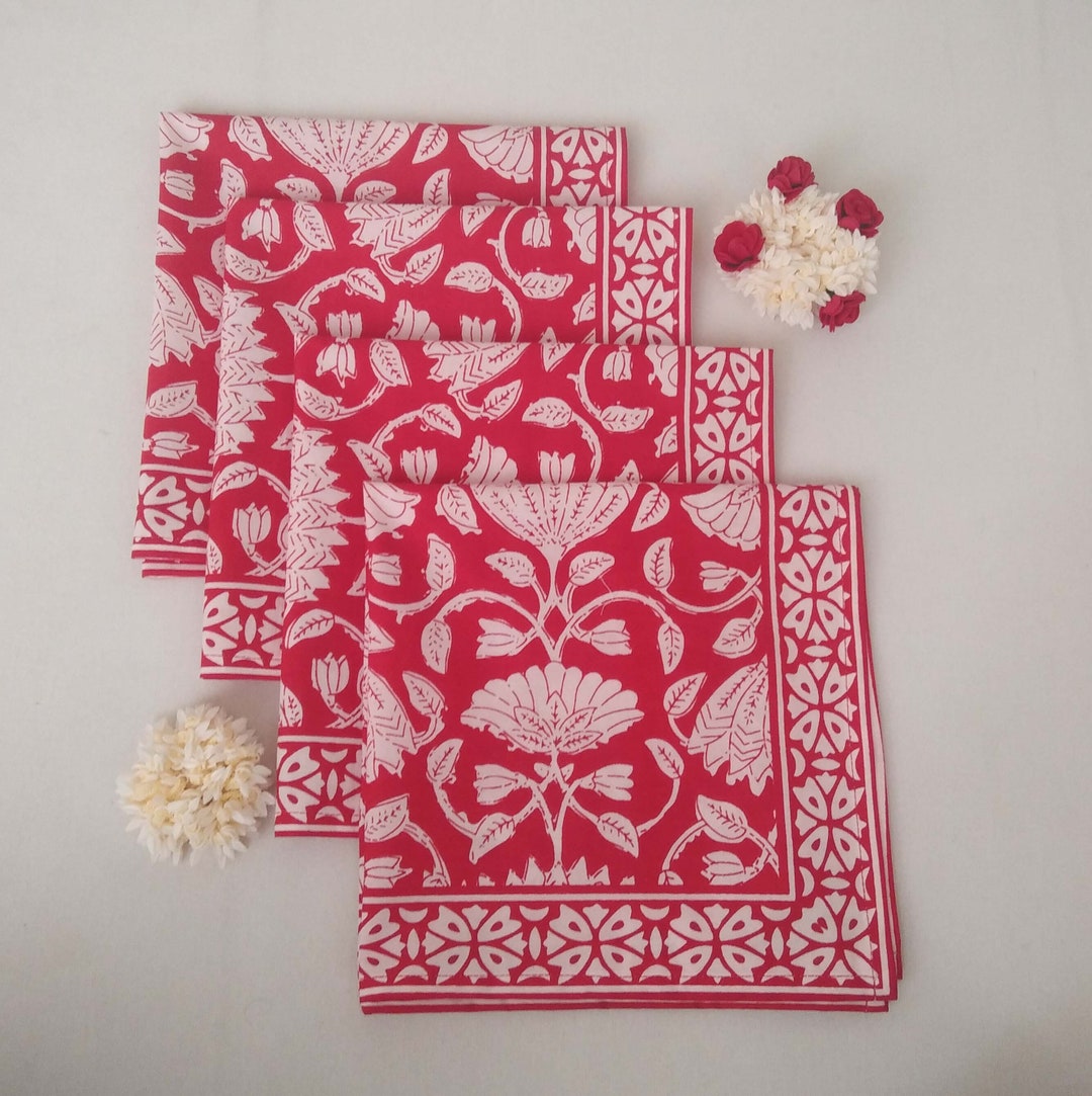 Red Block Print Napkin Set , Hand Block Printed Napkins, Cotton Cloth ...