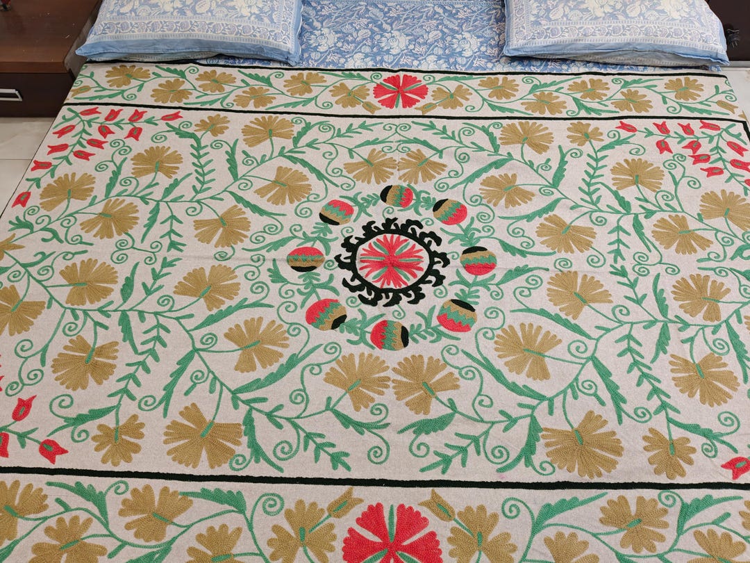 Suzani Linen Hand Embroidered Wall Hanging Cotton Embroidery Suzani Bed ...