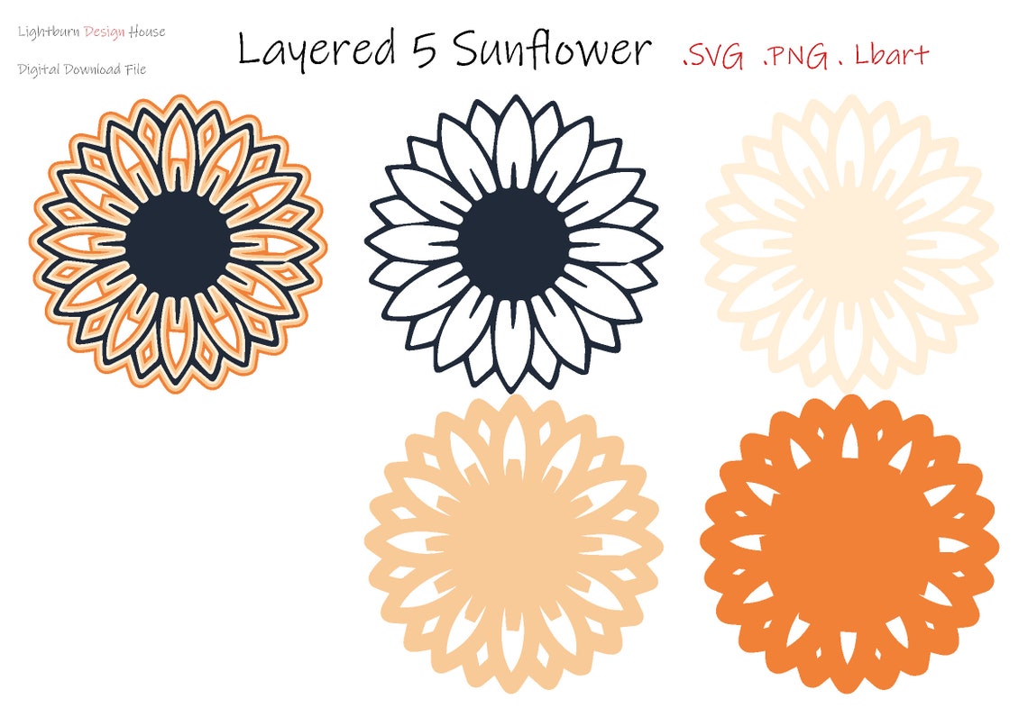 5 SVG PNG Sunflower Layered Multilayer Lightburn Art Library - Etsy