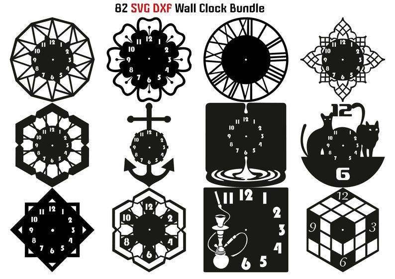 82 Wall Clock Faces SVG DXF Bundle | Geometric Floral Animal Clock ...