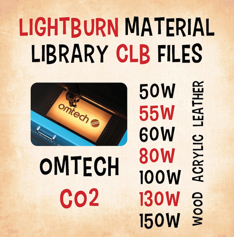 Omtech CO2 Laser Lightburn Material Library CLB Files for Wood Acrylic ...
