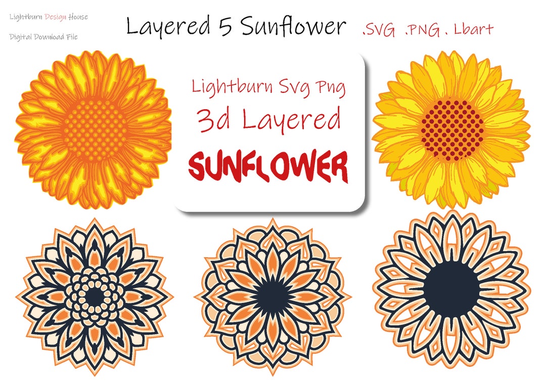 5 SVG PNG Sunflower Layered Multilayer Lightburn Art Library Lbart ...