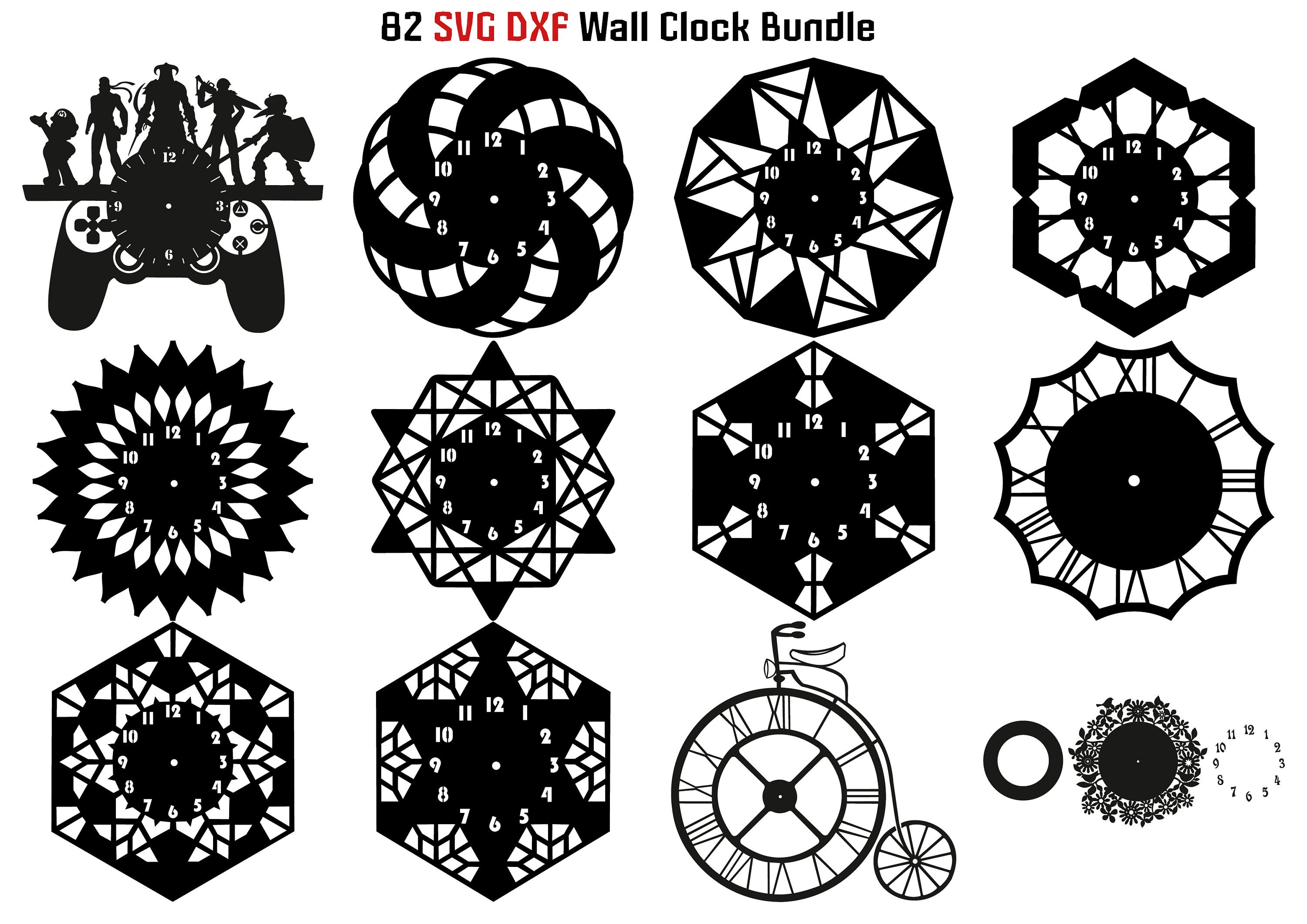 82 Wall Clock Faces SVG DXF Bundle | Geometric Floral Animal Clock ...