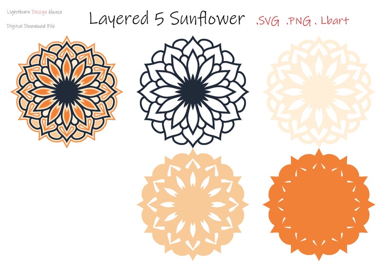 5 SVG PNG Sunflower Layered Multilayer Lightburn Art Library - Etsy