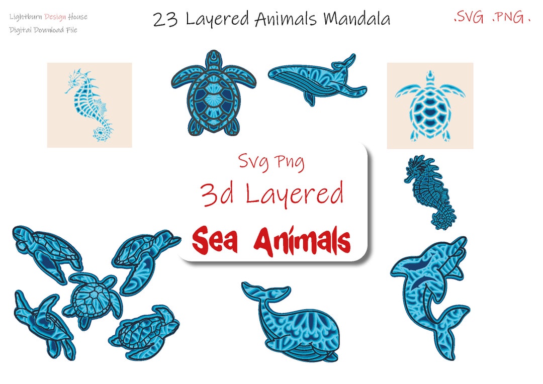 3D Layered Sea Animals SVG PNG Bundle for Laser Cut, Turtle Dolphin ...