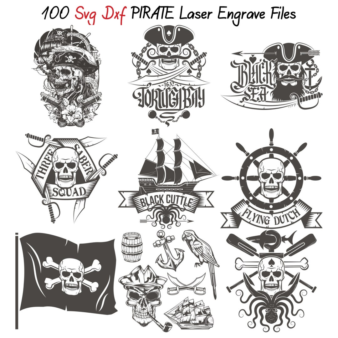100 SVG DXF Pirate Bundle for Lightburn Laser Engrave, Skull Treasure ...