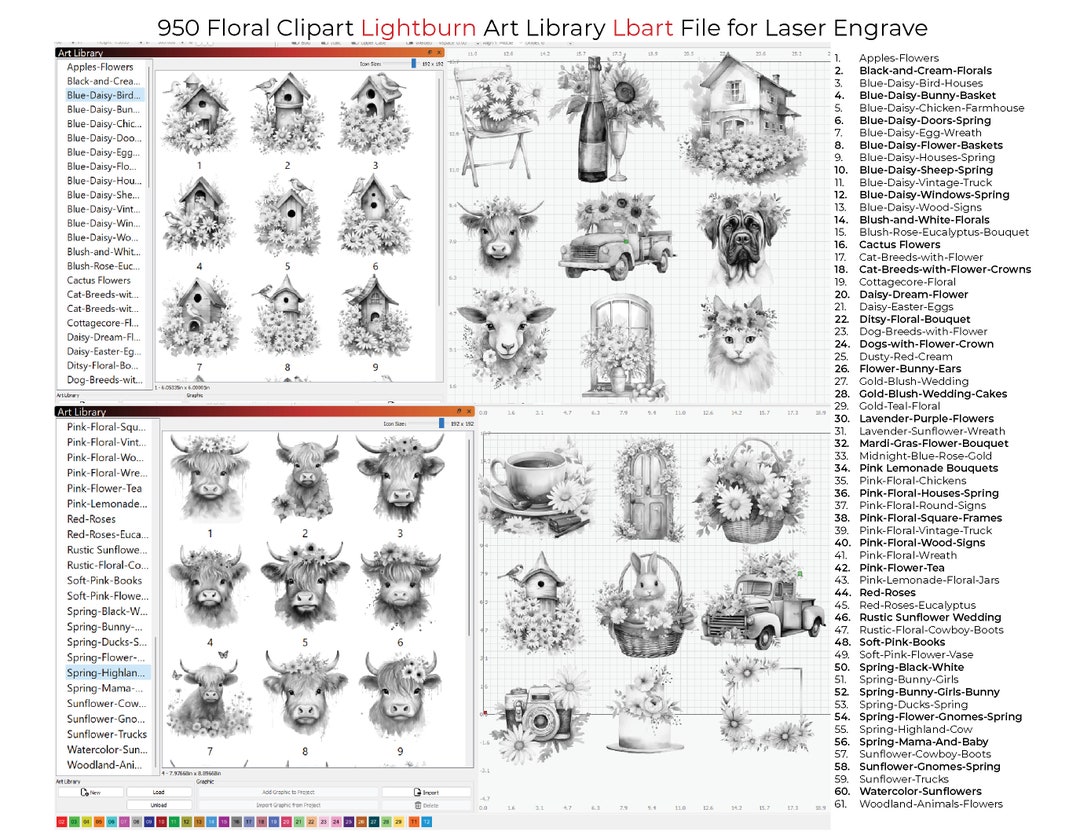 950 Floral Clipart Designs: Lightburn Art Library (.lbart) Files for ...