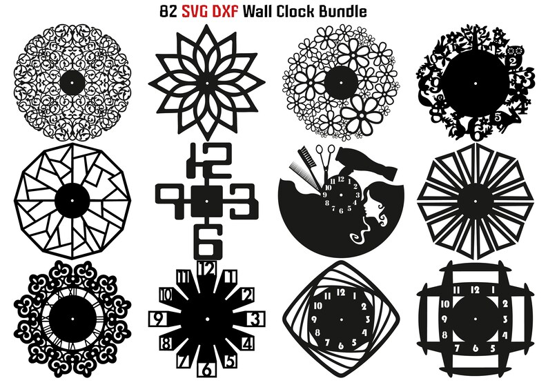 82 Wall Clock Faces SVG DXF Bundle | Geometric Floral Animal Clock ...