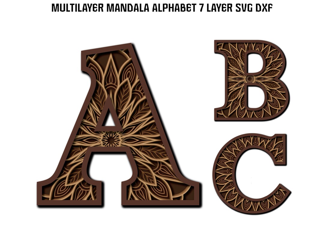 ABC Mandala Alphabet Floral 26 Letters SVG DXF 7 Layered Multilayer for ...
