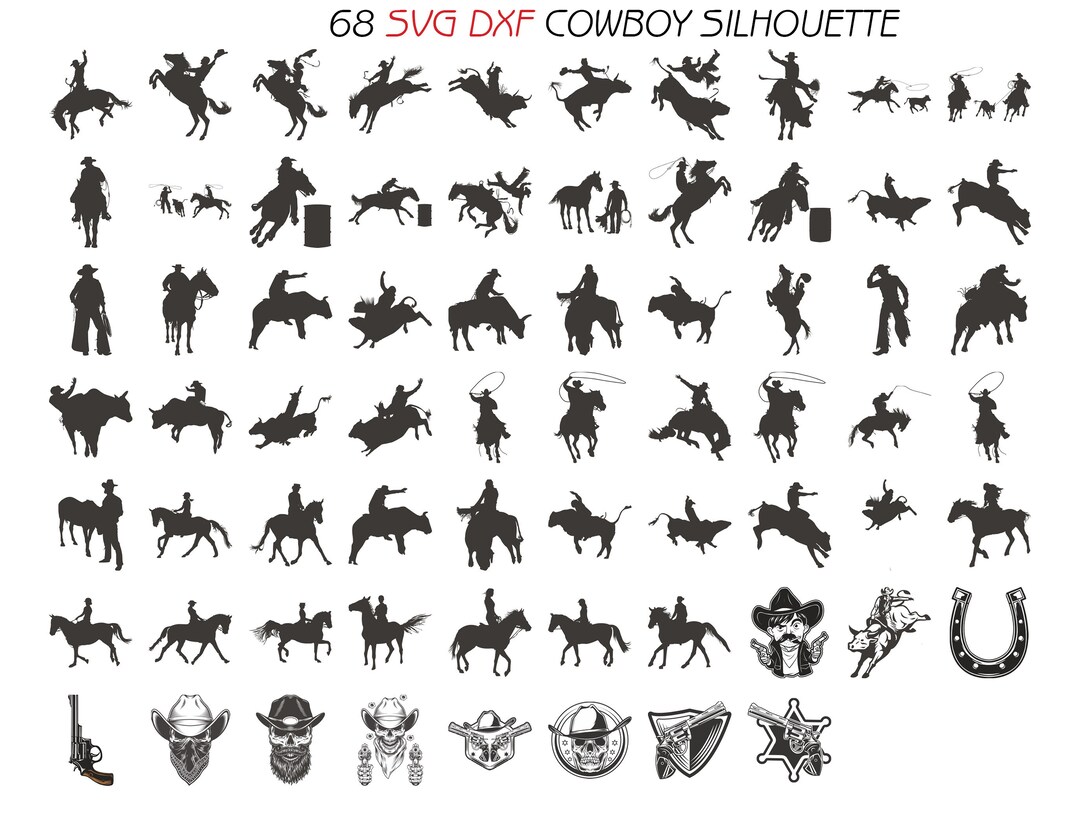 68 SVG DXF Cowboy Silhouette Clipart Bundle for Lightburn Laser Engrave ...