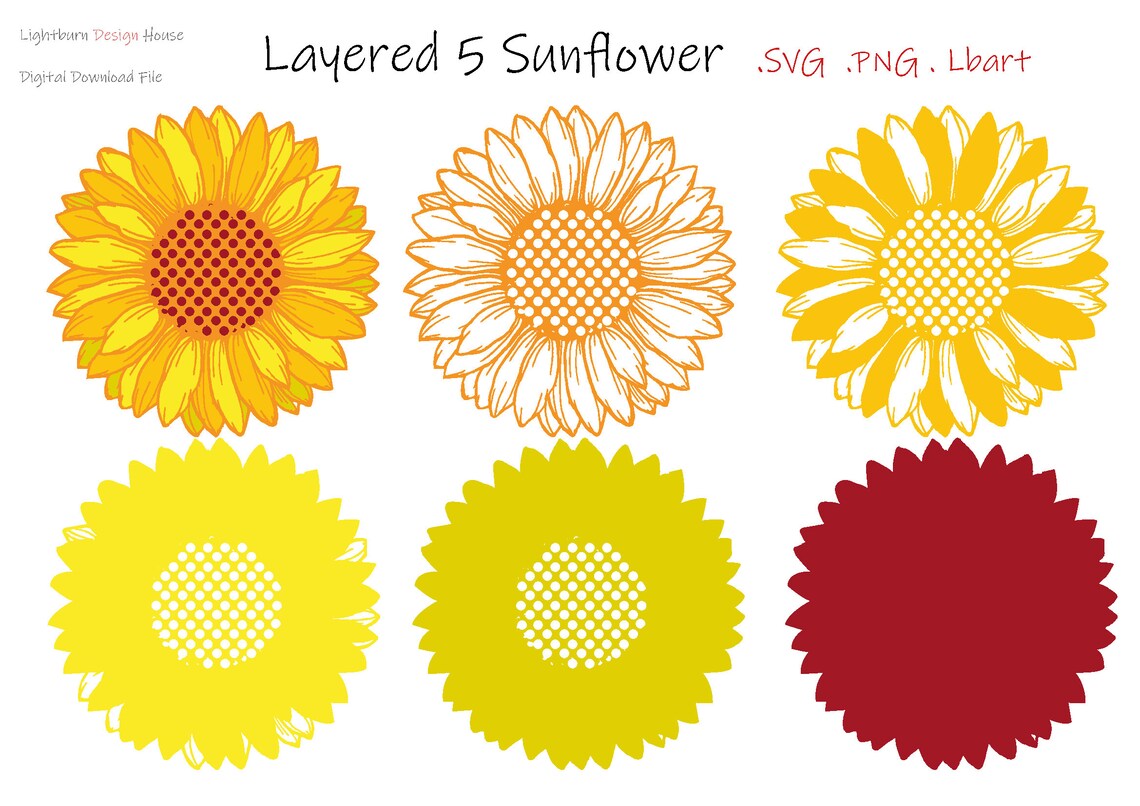 5 SVG PNG Sunflower Layered Multilayer Lightburn Art Library - Etsy
