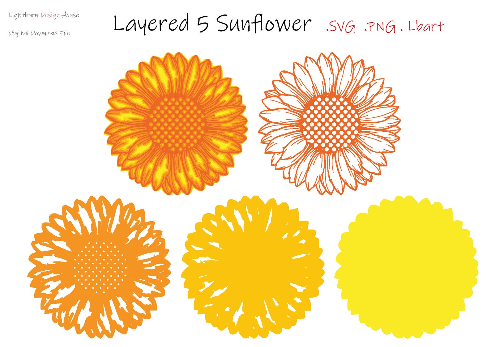 5 SVG PNG Sunflower Layered Multilayer Lightburn Art Library - Etsy