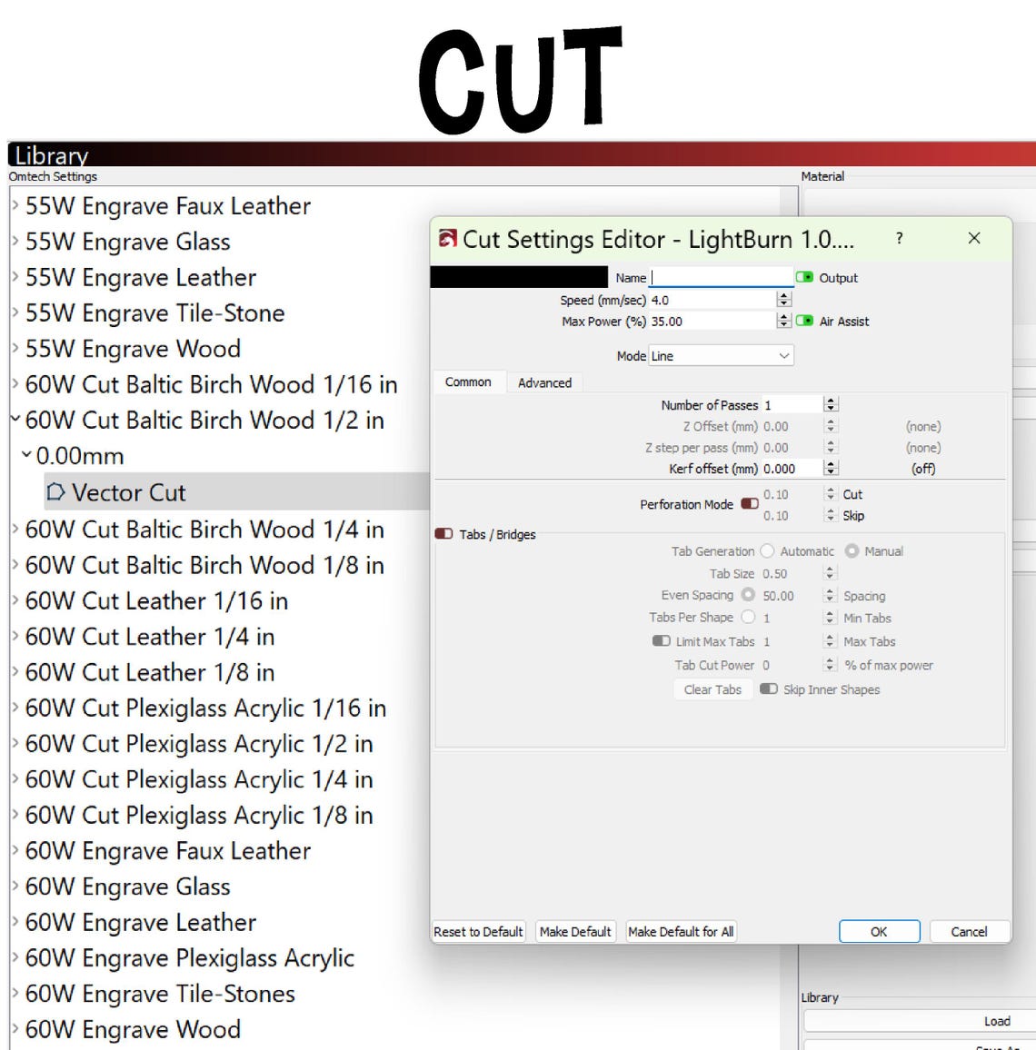 Omtech CO2 Laser Lightburn Material Library CLB Files for Wood Acrylic ...