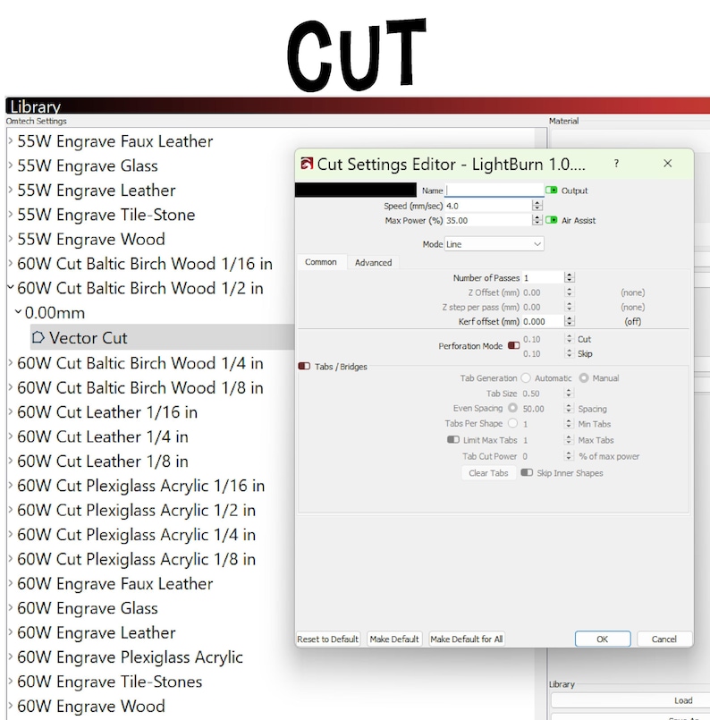 Omtech CO2 Laser Lightburn Material Library CLB Files for Wood Acrylic ...