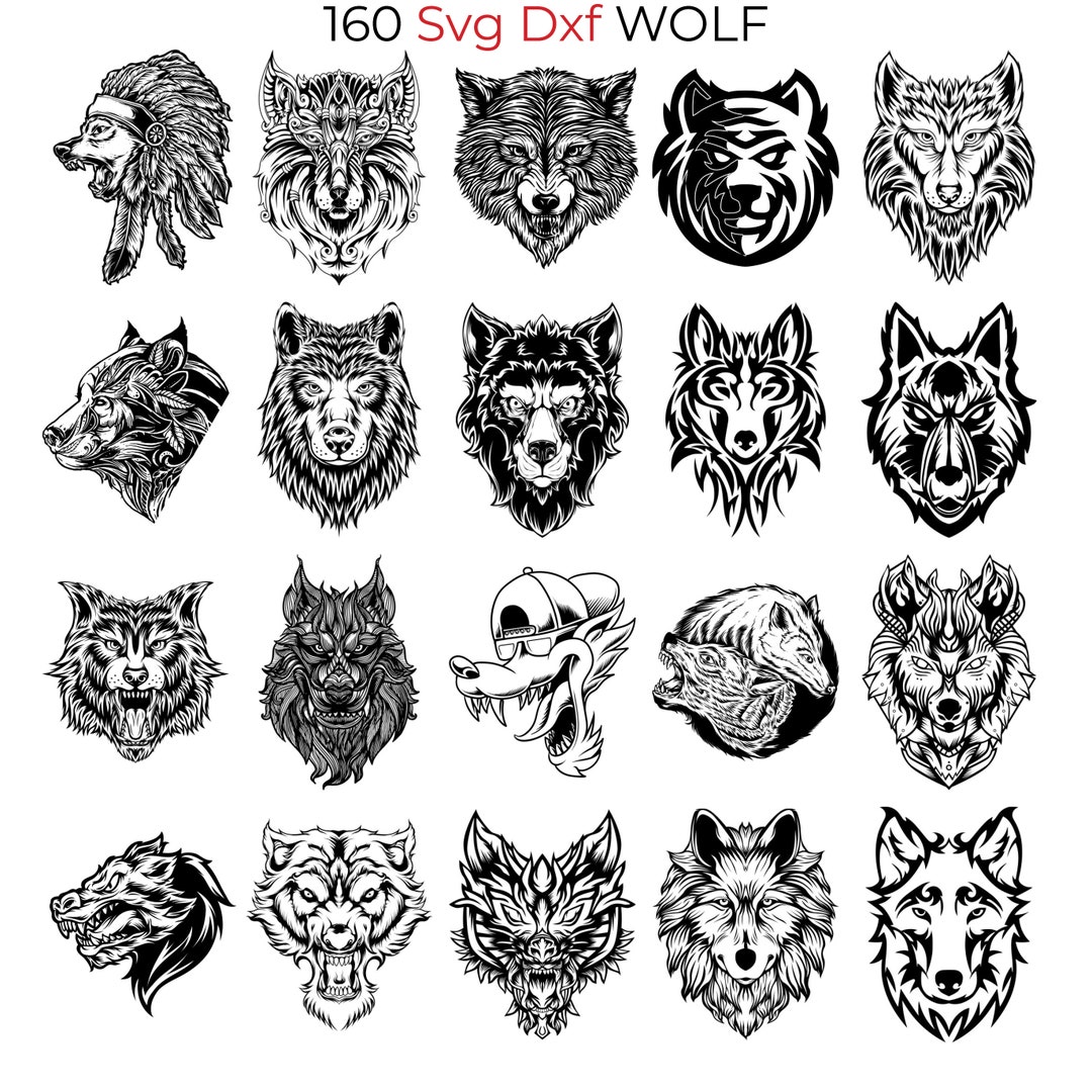 160 SVG DXF Wolf Bundle for Laser Engrave, Black and White Wolf Clipart ...