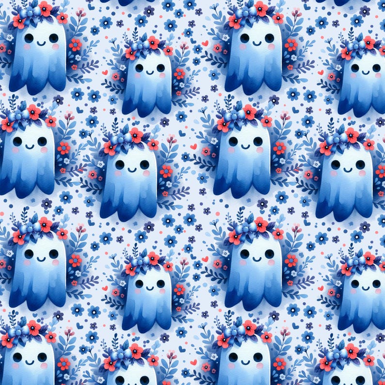 Cute Halloween Watercolor Blue Ghost With Flowers Repeating Pattern ...