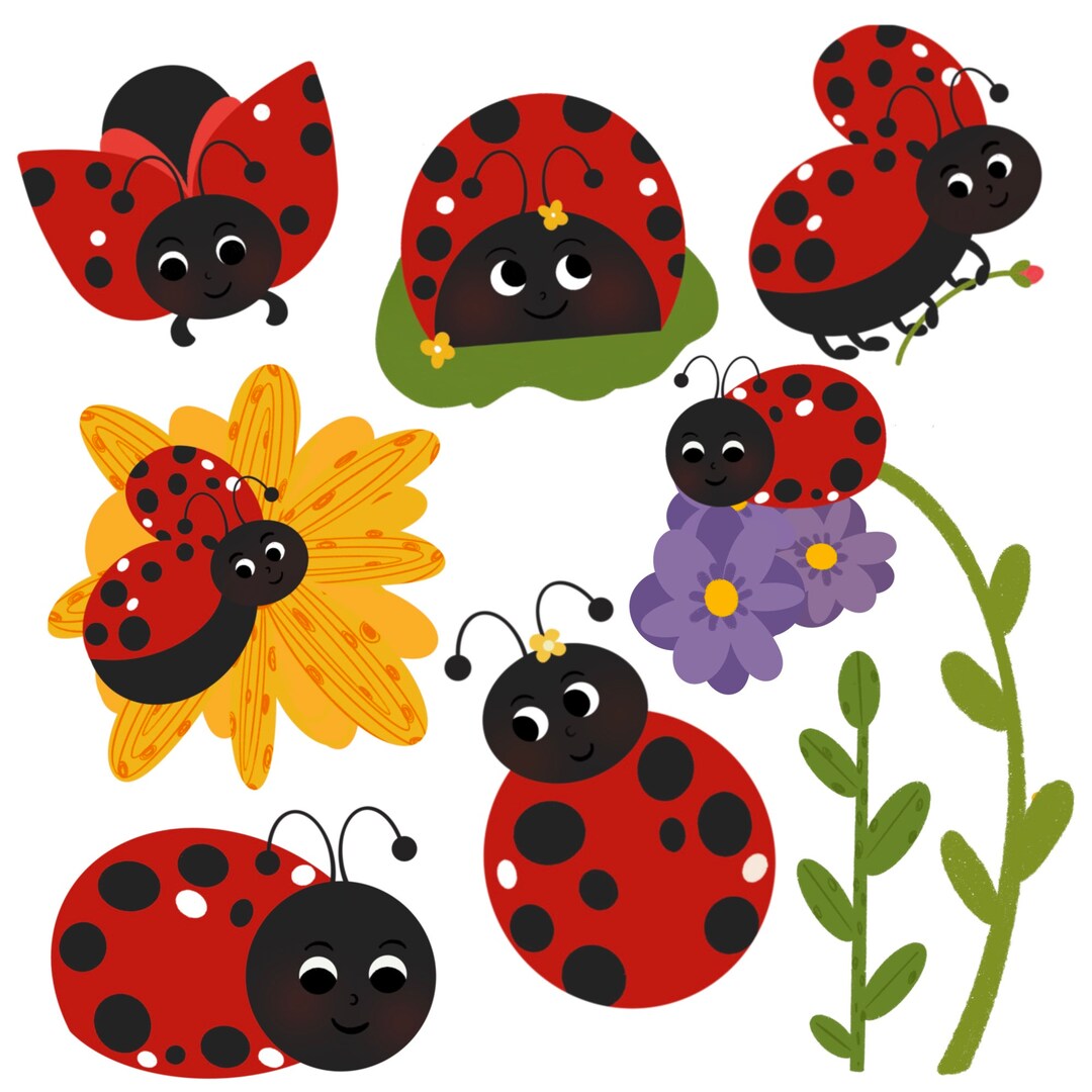 Cute Kawaii Ladybug Clipart Set of Ladybug ,flowers , Leaves Instant ...