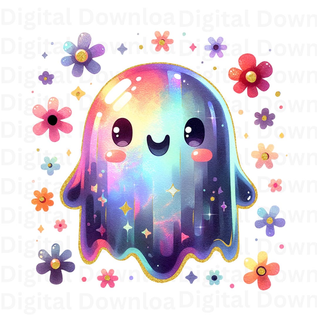 Cute Iridescent Ghost With Flower Png, Glitter Ghost Png, Halloween ...