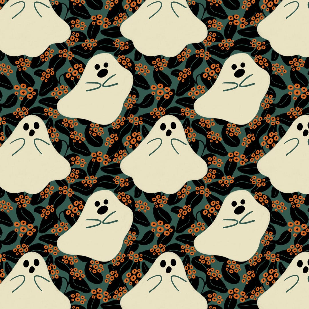 Floral Halloween Ghosts Seamless Pattern, Spooky Background (digital ...