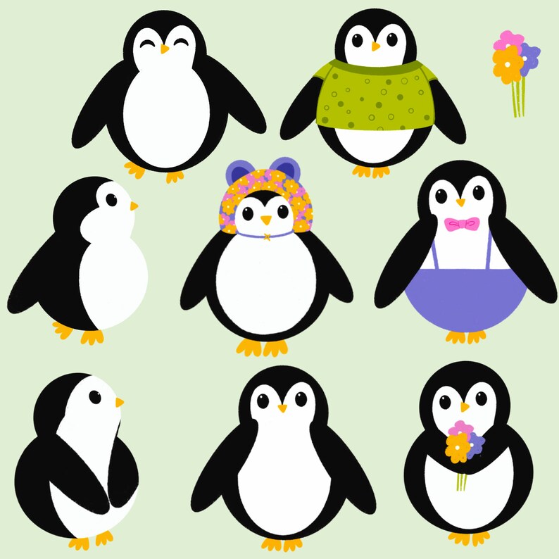 Cute Kawaii Penguins Clipart Set of 8 Penguins and Flower Bouquet ...